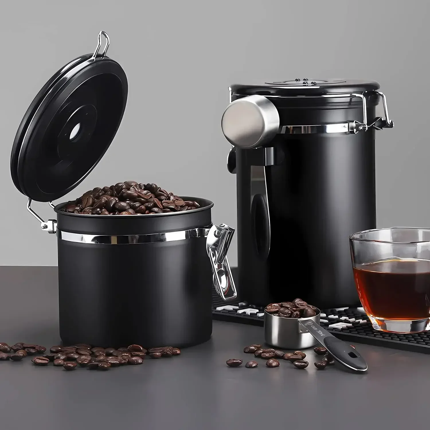 Coffee Tin COFFEE CANISTER AIRTIGHT Steel Vacuum Storage Bean Container ...