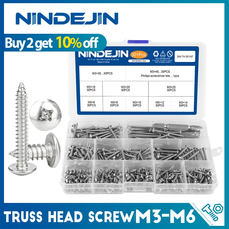 NINDEJIN Cross Recess Truss Head Screw Set M3 M4 M5 M6 Stainless Steel Phillips Self Tapping ...