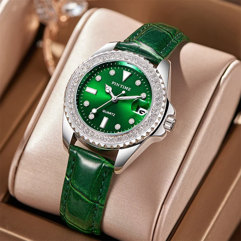 PINTIME Watch for Women Vintage Agate Green Leather Strap Diamond Dial ...