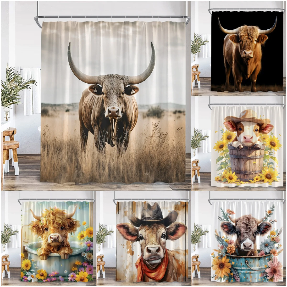 Rustic-Farmhouse-Highland-Cow-Shower-Curtain-Calf-in-Bucket-Country ...