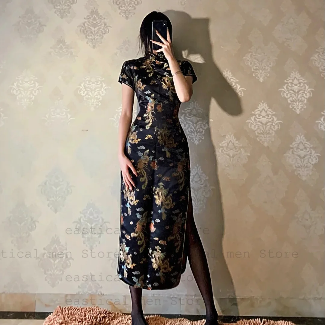 Chinese Traditional Dress Long Sexy Split Cheongsam Lady Satin Jacquard ...