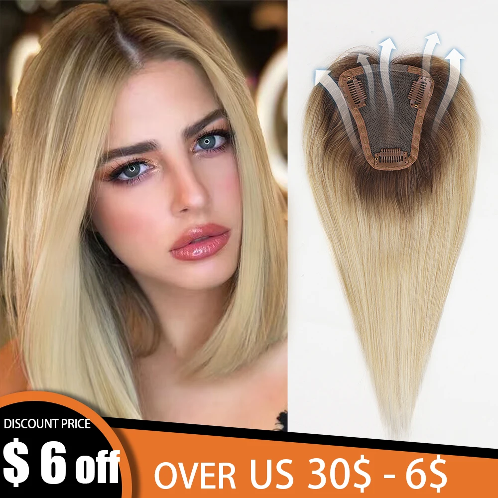 100-Remy-Human-Hair-Toppers-Ombre-Blonde-Hairs-Topper-Silk-Base-Clip ...