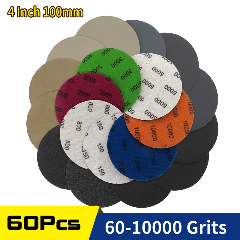 60pcs 4 Inch 100mm Waterproof Sandpaper 60 to 10000 Grit Hook & Loop ...