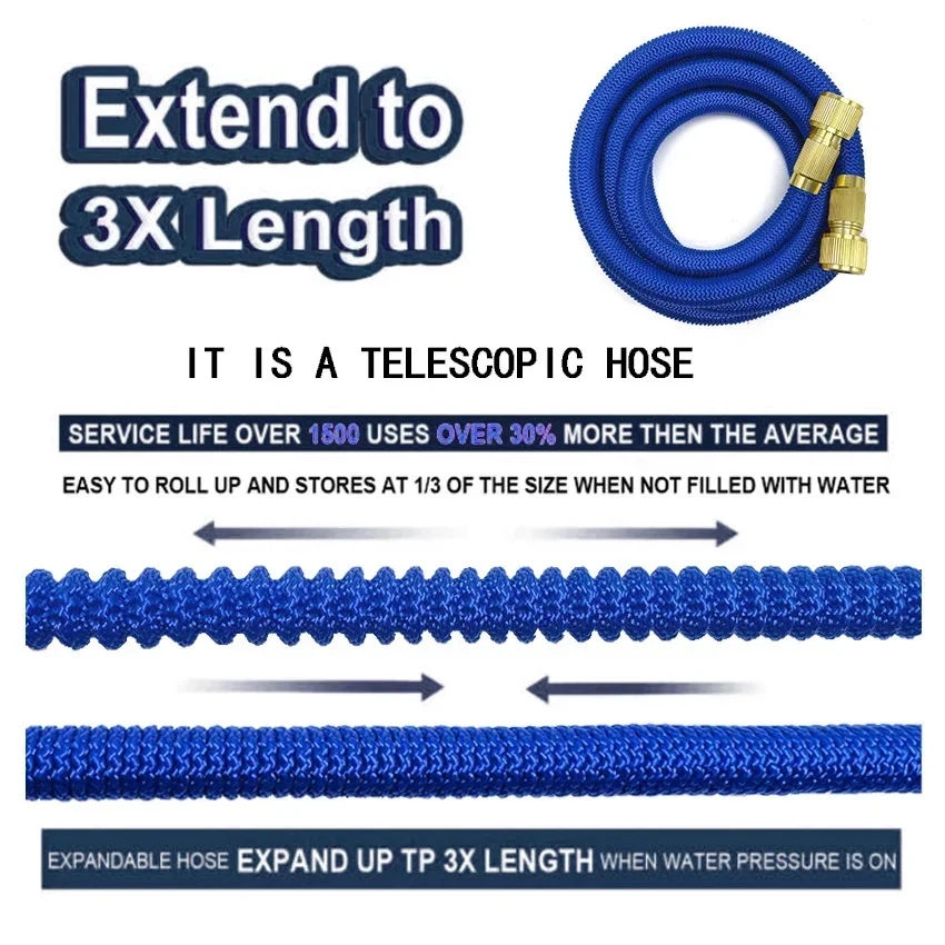 Telescopic Garden Hose with High Pressure Nozzle & 3 Adapters – Expands ...