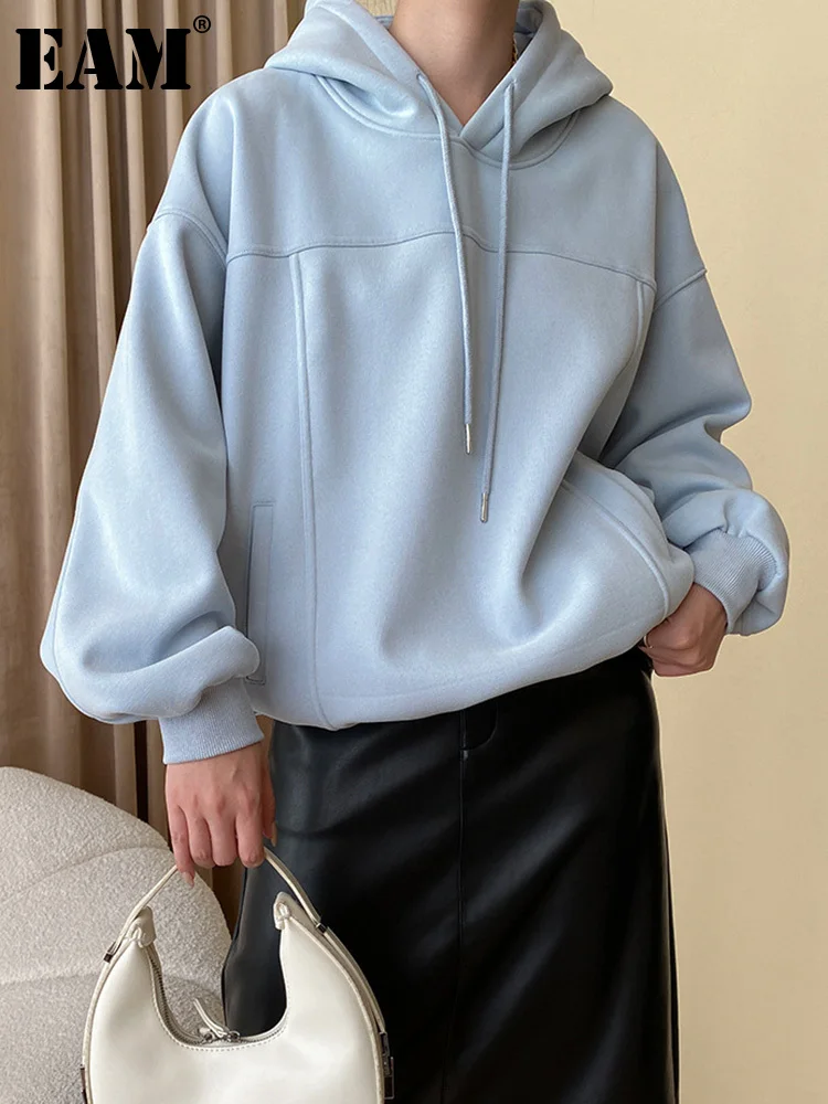 [EAM] Blue Loose Fit Thick Drawstring Sweatshirt New Hooded Long Sleeve ...