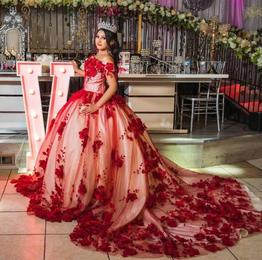 Cinderella-Red-Quinceanera-Dresses-Beaded-Formal-Prom-3D-Flowers-Lace ...