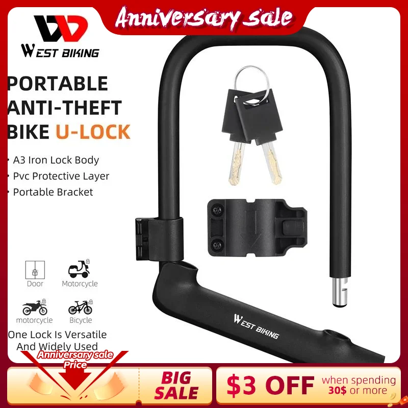 WEST BIKING Bicycle U Lock Heavy Duty Anti-Theft Security U Shape ...
