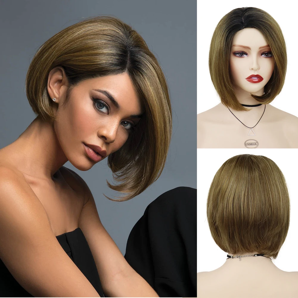 GNIMEGIL-Short-Womens-Bob-Wigs-Ombre-Brown-Color-Wig-with-Dark-Roots ...