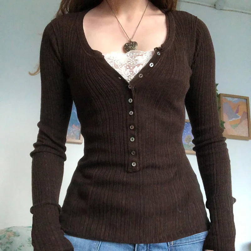 Cotteage Y2K Grunge Knitwear T-shirt Jumpers Vintage Brown Knitted ...