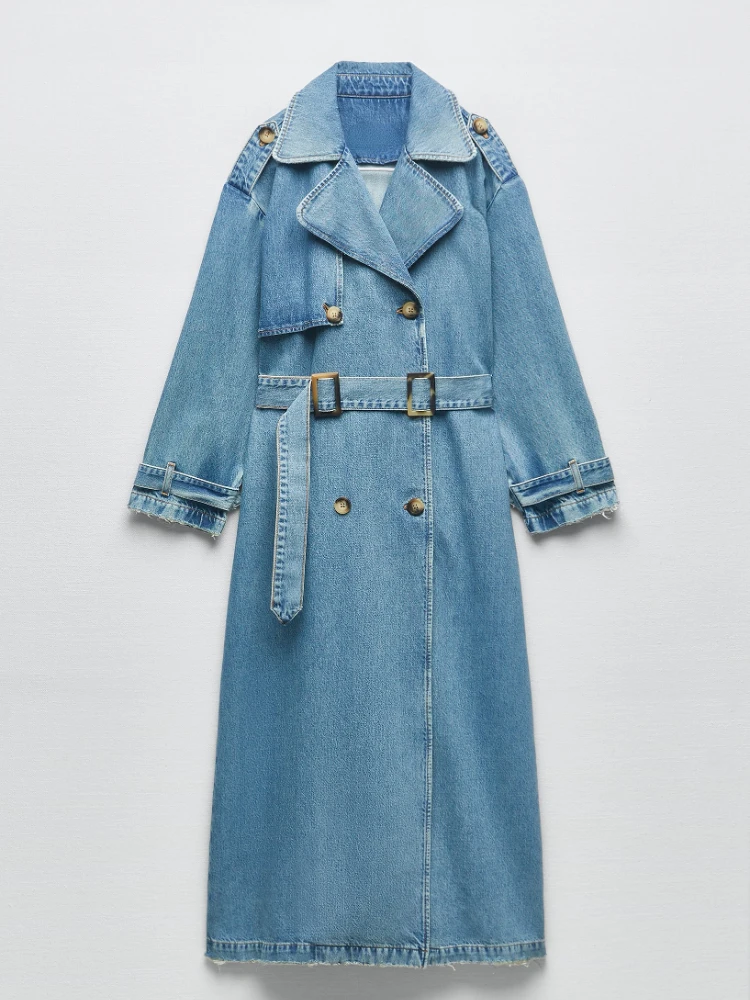 RR2418 X-Long Denim Trench Coats For Women Belt On Waist Slim Jean ...