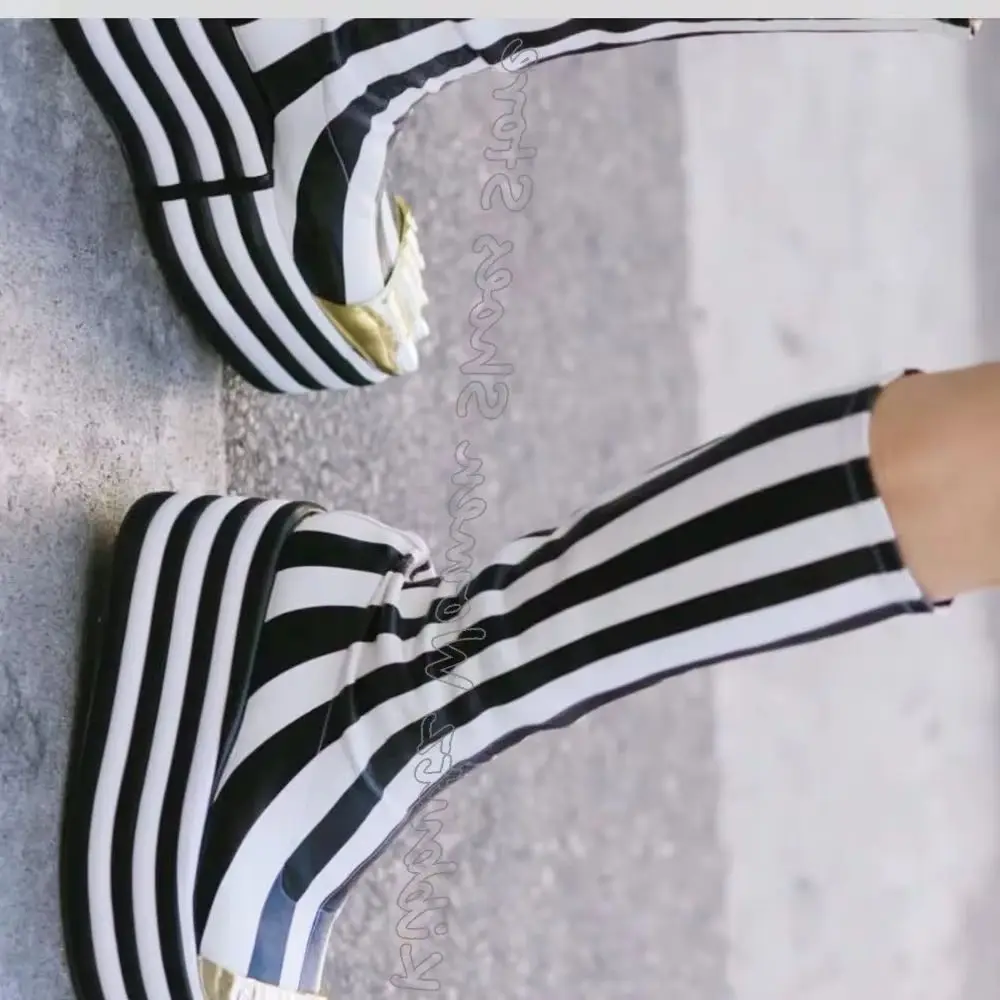 Zebra Knee High Boots Platform Leather Shoes New Mixed Color Round Toe ...