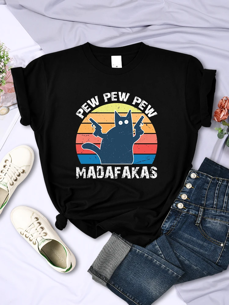 Pew-Pew-Madafaks-Gato-Camisetas-Das-Mulheres-Rua-Respir-vel-Manga-Curta ...