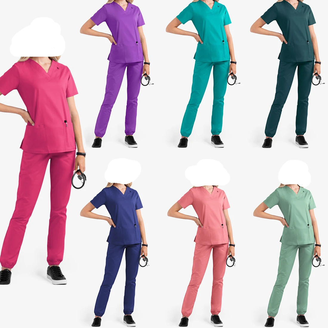 Women-Joggers-Set-Medical-Scrubs-Uniforms-Short-Sleeve-Medical-Hospital ...