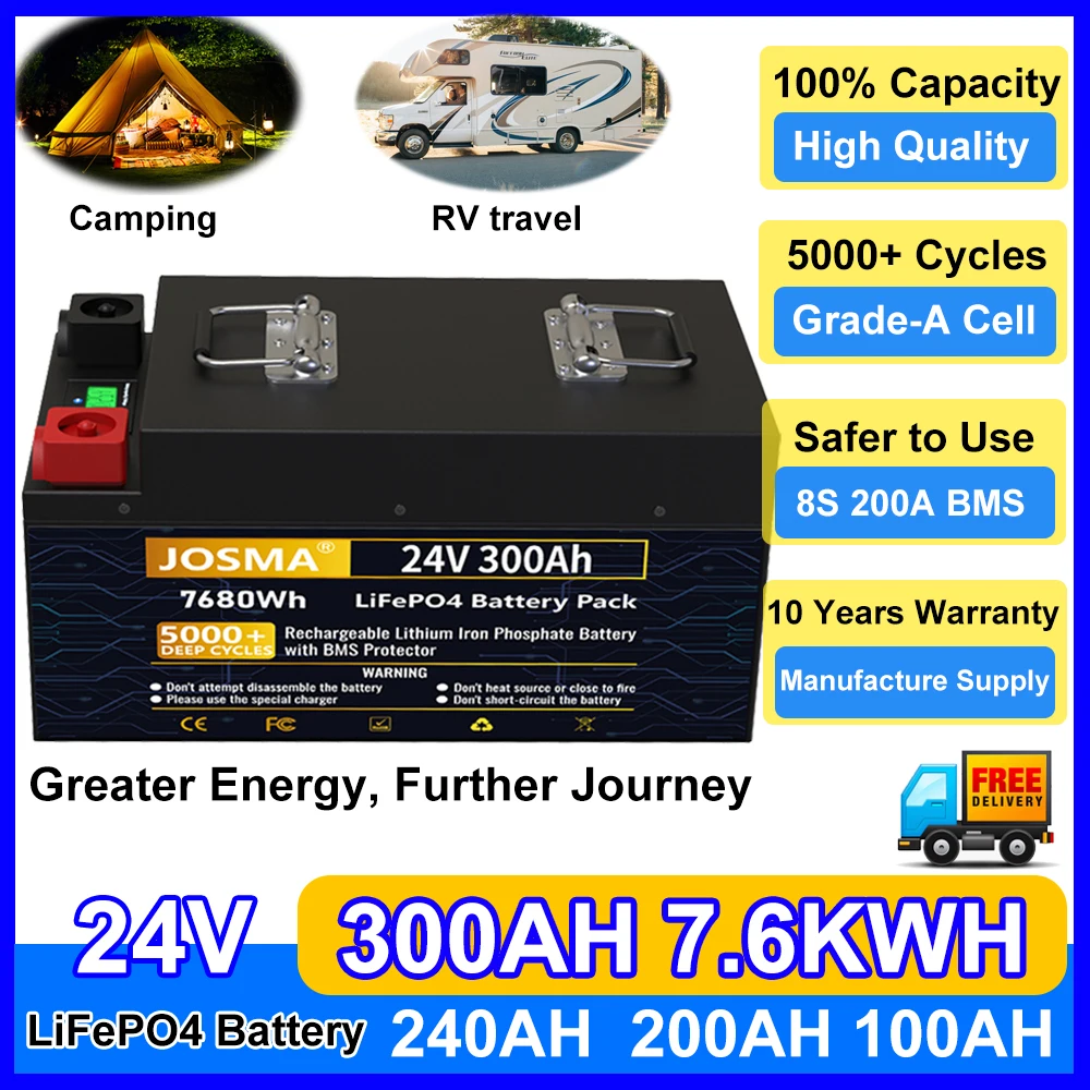LiFePO4 24V 300Ah 200Ah 100Ah Battery Pack 101% Capacity 25.6V 7.6KWh ...