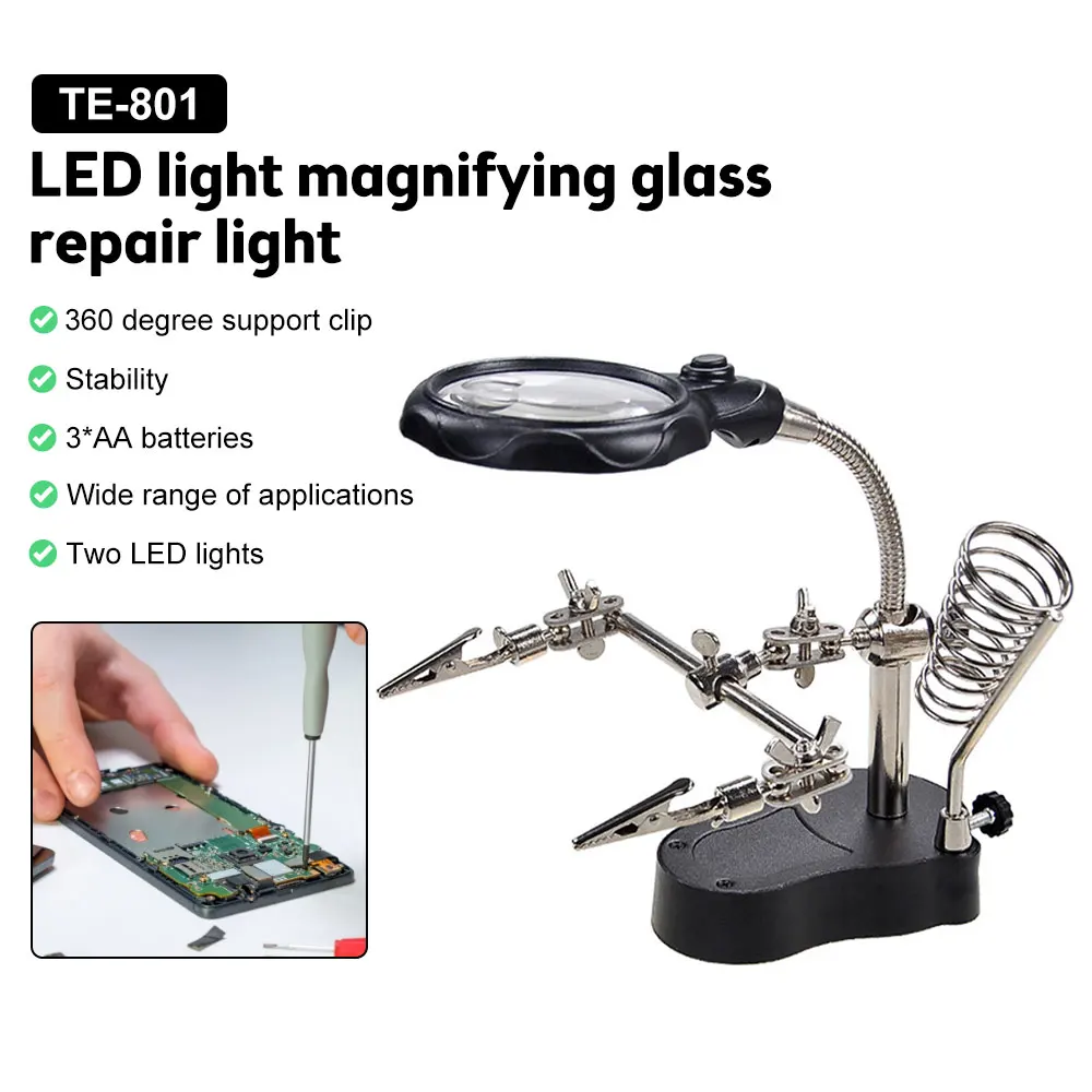 Hand Clip Clamp LED Magnifying Glass Soldering Iron Stand Magnifier ...