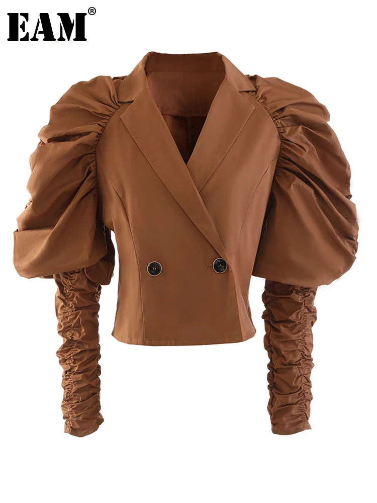 [EAM] Women Chocolate Color Pleated Vintage Blouse New Lapel Long Puff ...