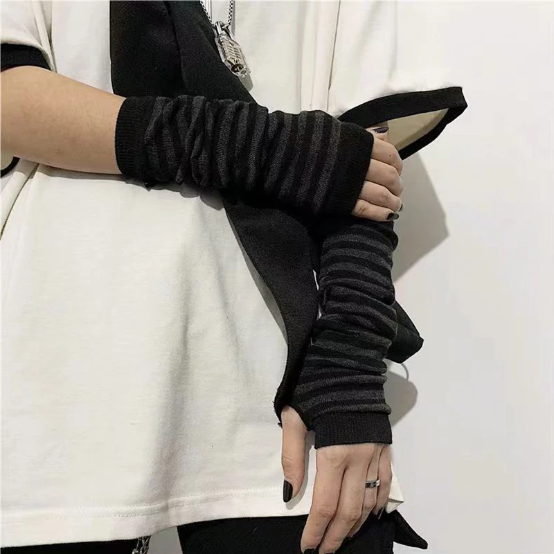Long-Fingerless-Gloves-Punk-EMO-Style-Warmer-Knitted-Y2K-Arm-Warmers ...