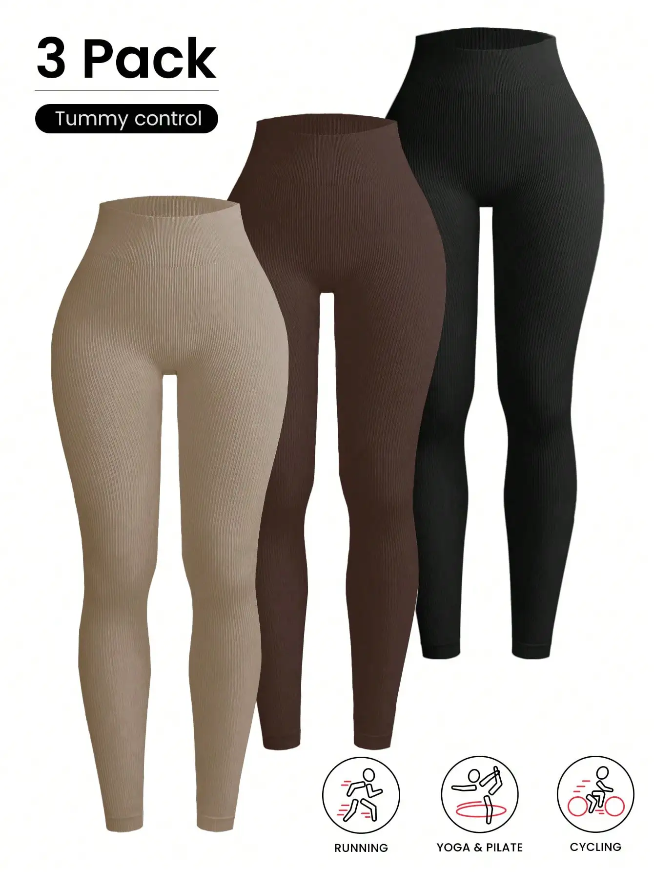 Lot de 3 leggings côtelés taille haute pour femmes - Pantalons de yoga ...