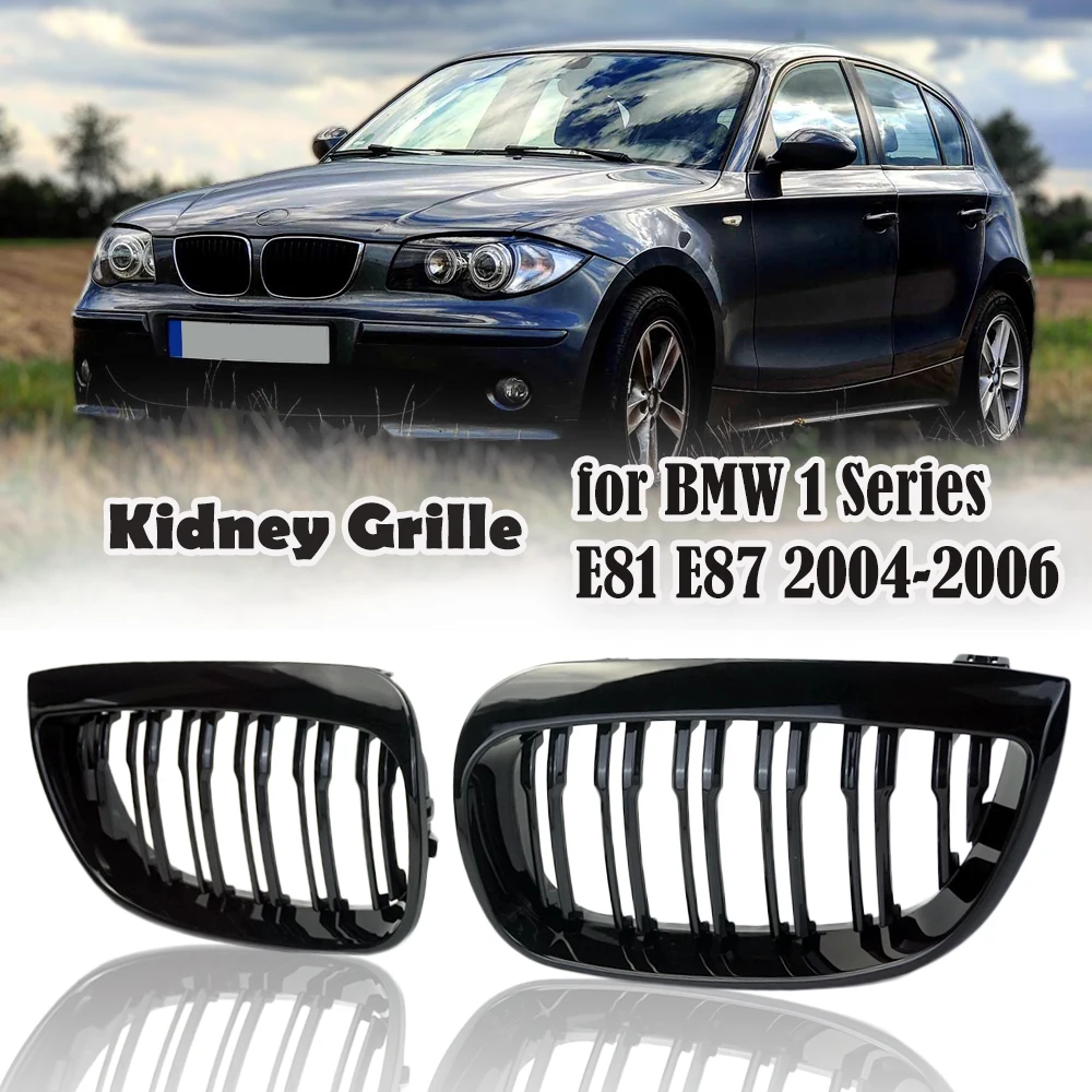 2 PCS Gloss Black Racing Grills Front Kidney Grille Grill 2 Lines Double Slats For BMW 1Series ...