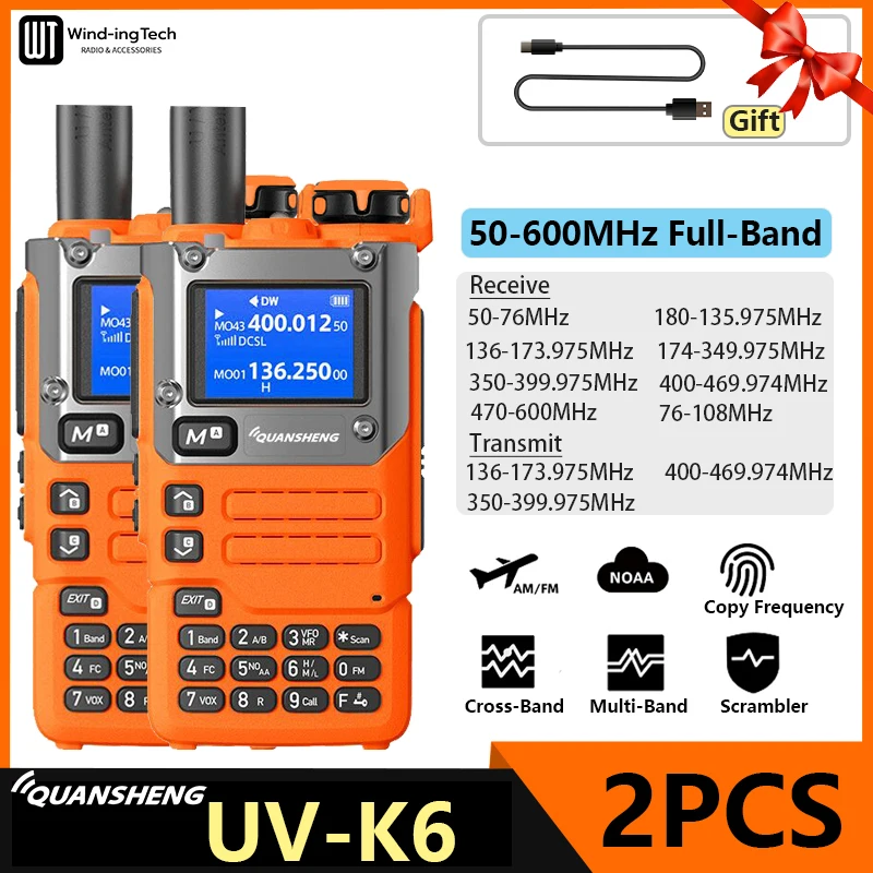 2PCS-UV-K6-QuanSheng-Walkie-Talkie-5W-Air-Band-Orange-UVK58-50-600MHz ...