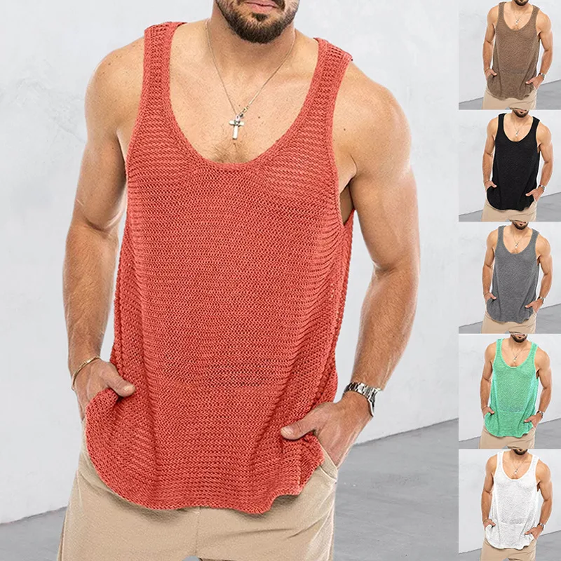 Men's tank top loose knit sports vest summer new men's fashion stripe ...