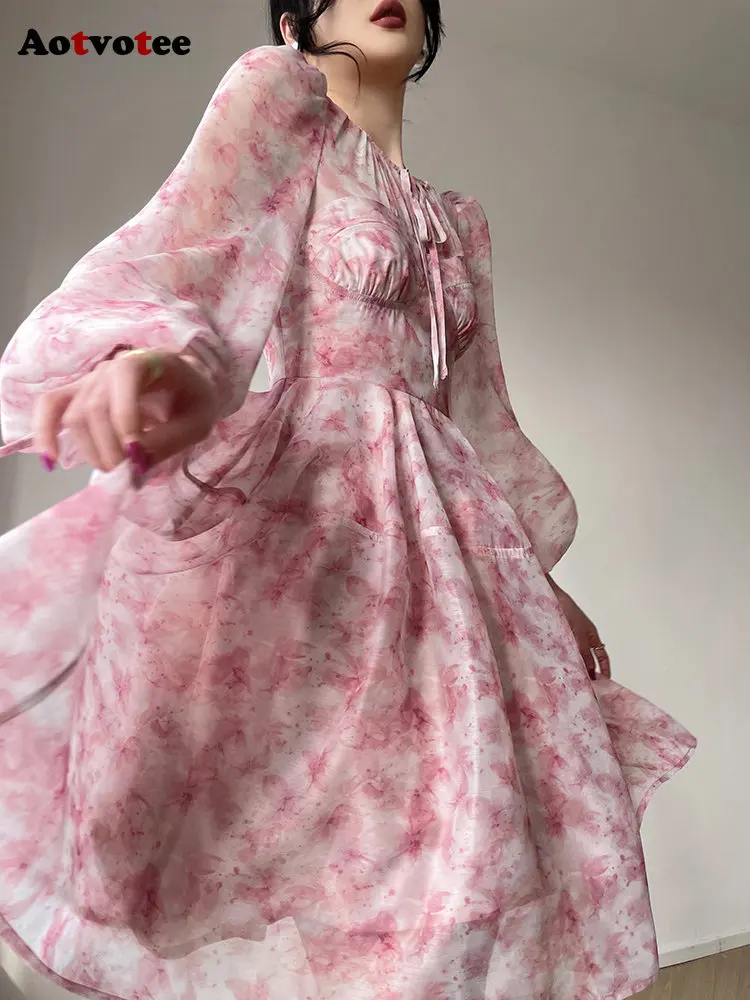 Aotvotee-Print-Prink-Dress-for-Women-2023-New-High-Wiasted-French-Style ...