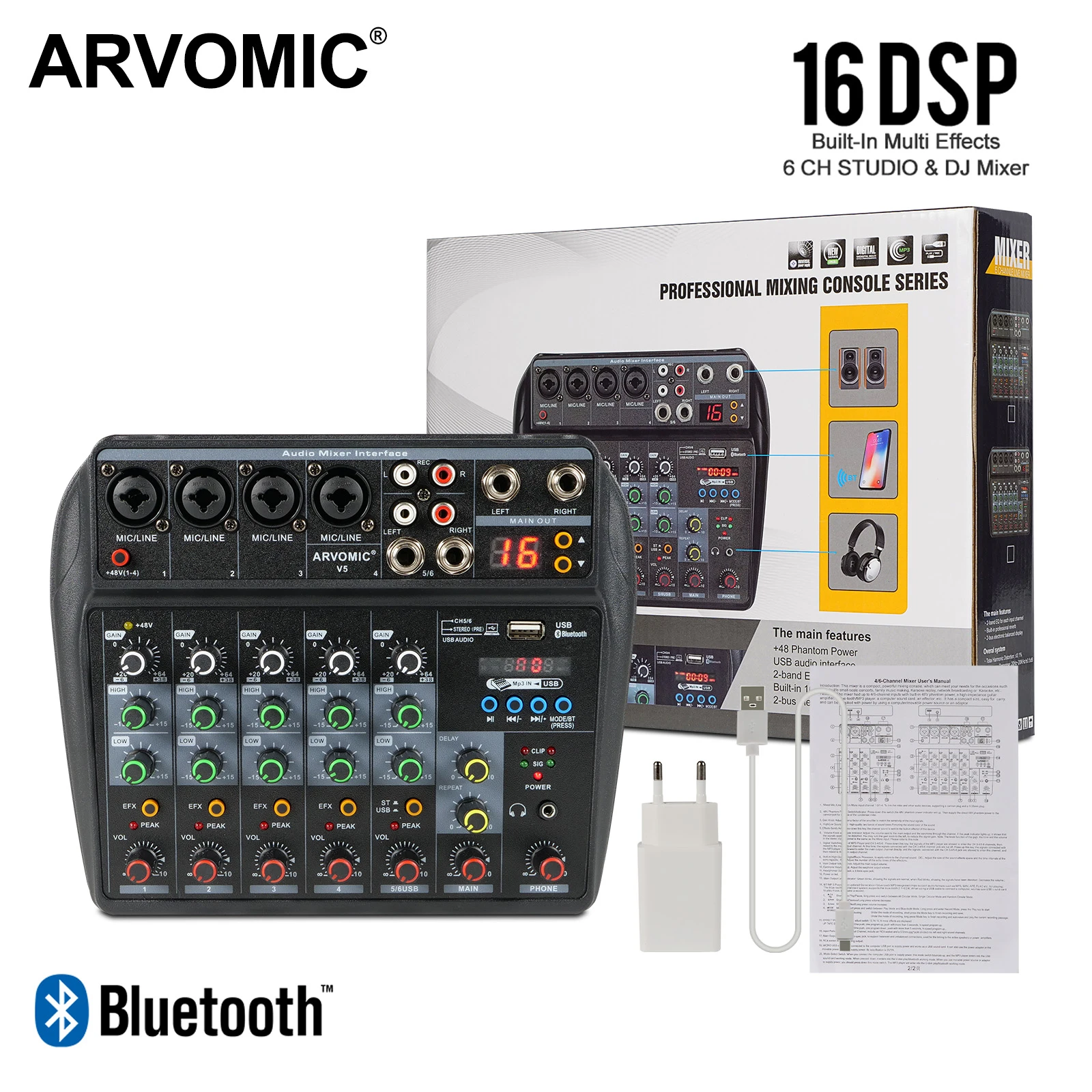 6 Channel Audio Mixer (V5) with USB&Bluetooth Function, 16 DSP, 2-Band ...