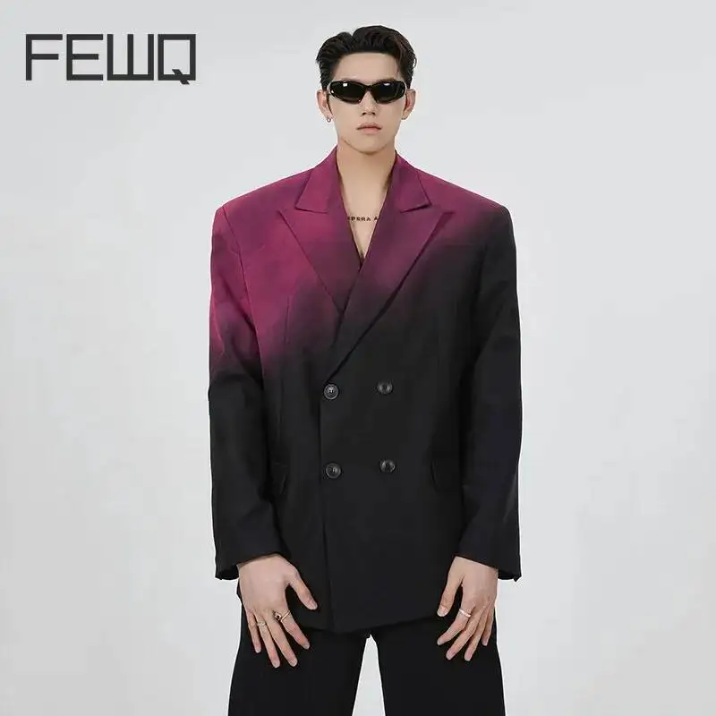 FEWQ ニッチデザインメンズブレザーシルエットグラデーションカラーダブルブレストショルダーパッドルーズ男性スーツジャケット秋 24K5028 ...