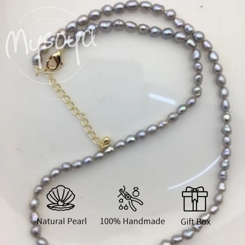 MYSOYA Gray Rice-shaped Baroque Freshwater Pearl Necklace 5-6mm With ...