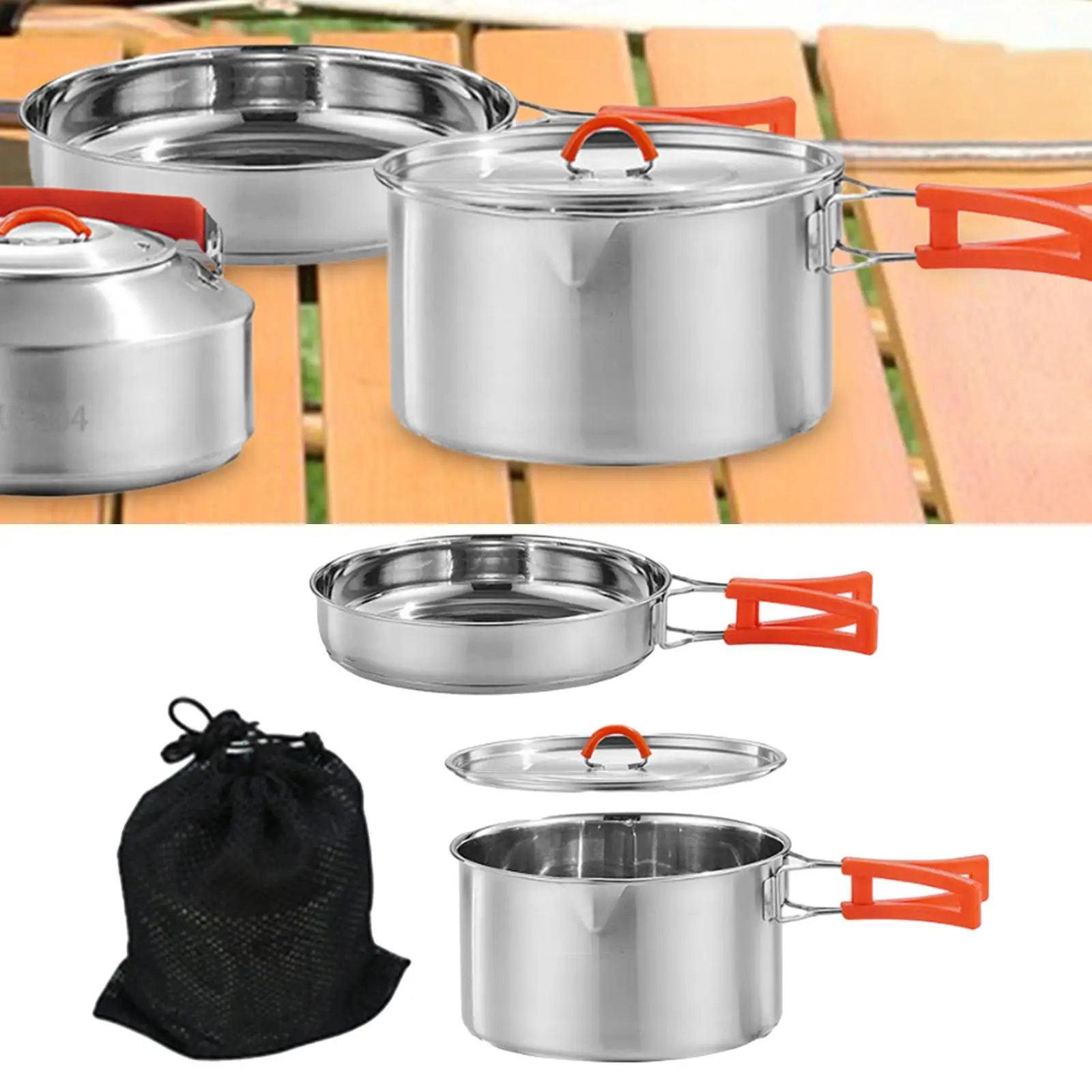Camping-Cookware-Set-Easy-to-Clean-Stainless-Steel-Camping-Pot-and-Pan ...