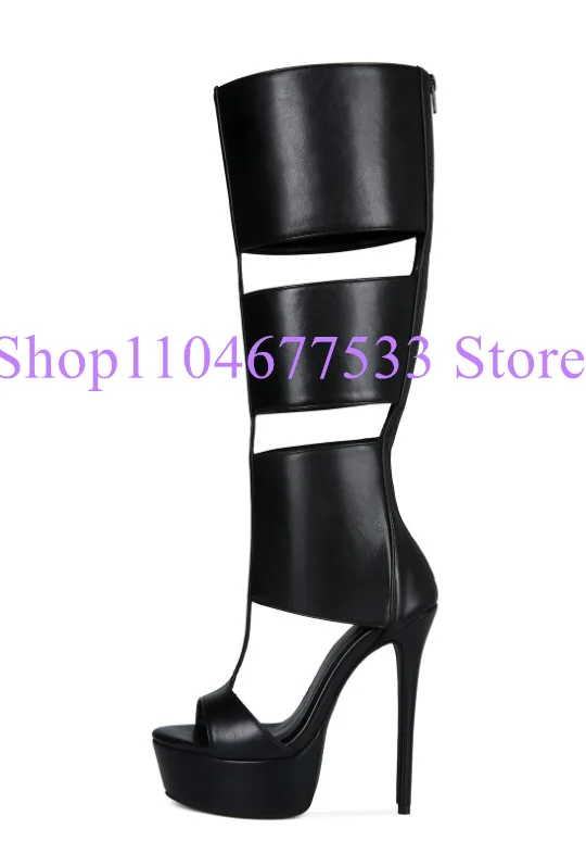 New Black Leather Knee High Lady Sandals Boots Fashion Stiletto Heel ...