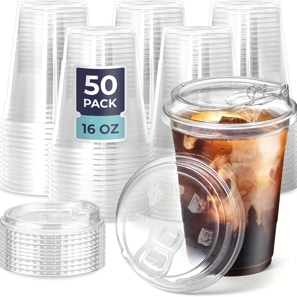 50Set Plastic Drinking Cups with Strawless Sip Lids, Disposable Cups ...