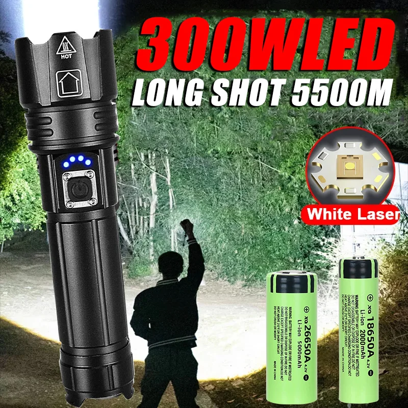 300W-LED-Powerful-Flashlight-White-Laser-Rechargeable-Tactical-Torch ...