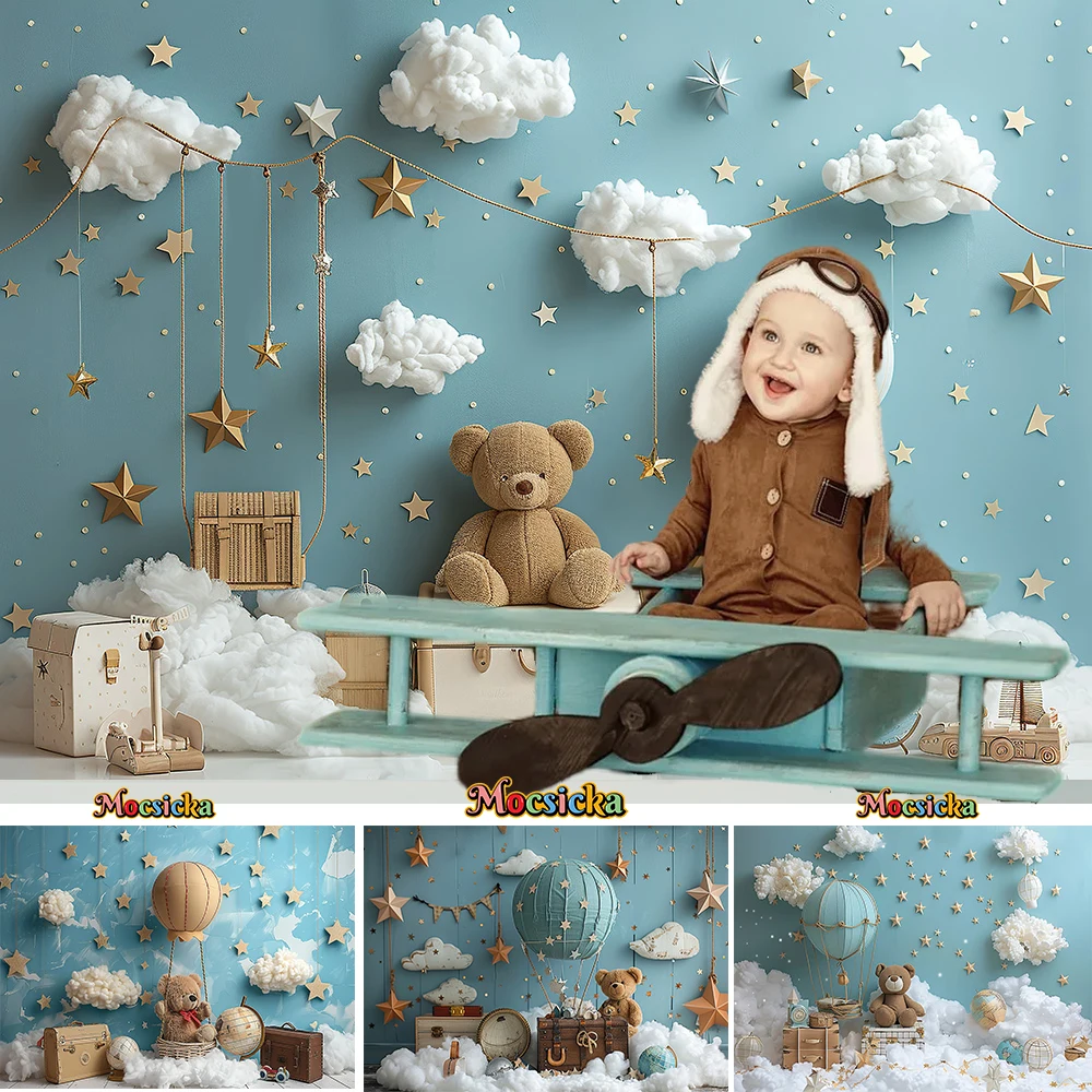 Pilot Boy Baby Show Party Background Sparkling Stars Cloud Teddy Bear ...