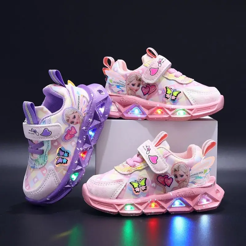 Disney LED Casual Sneakers For Spring Girls Frozen Elsa Princess Print ...