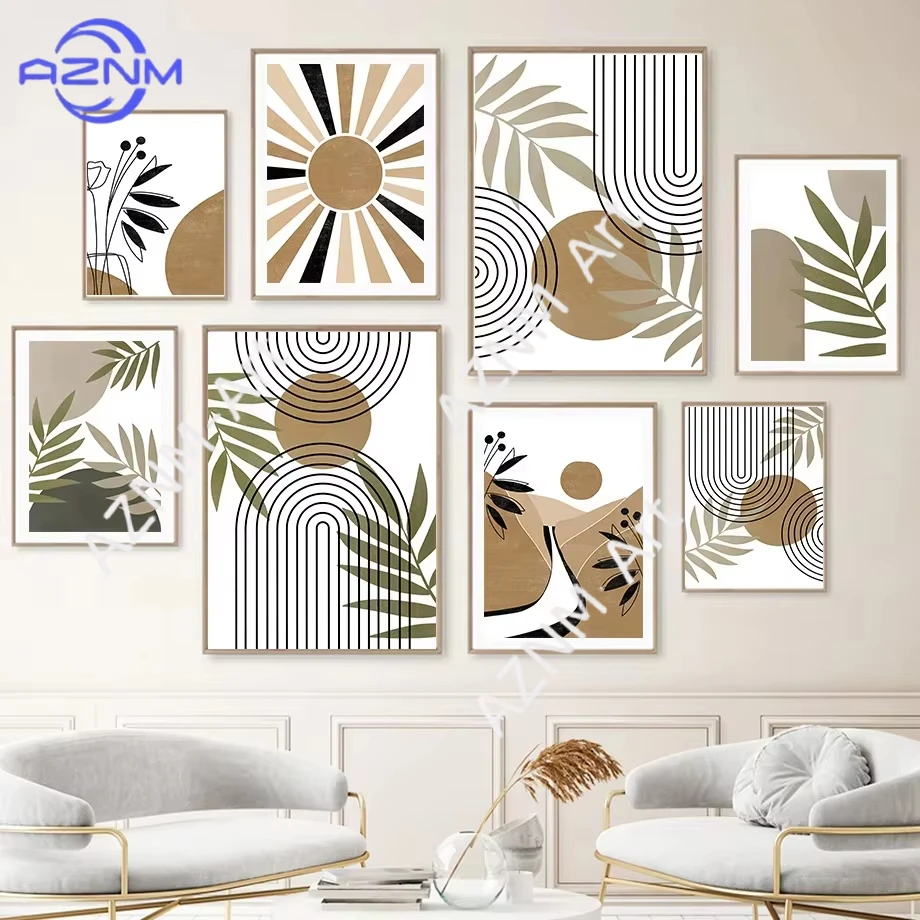 1pc Boho Leaf Sun Rainbow Geometry Wall Art Canvas Painting Abstract ...
