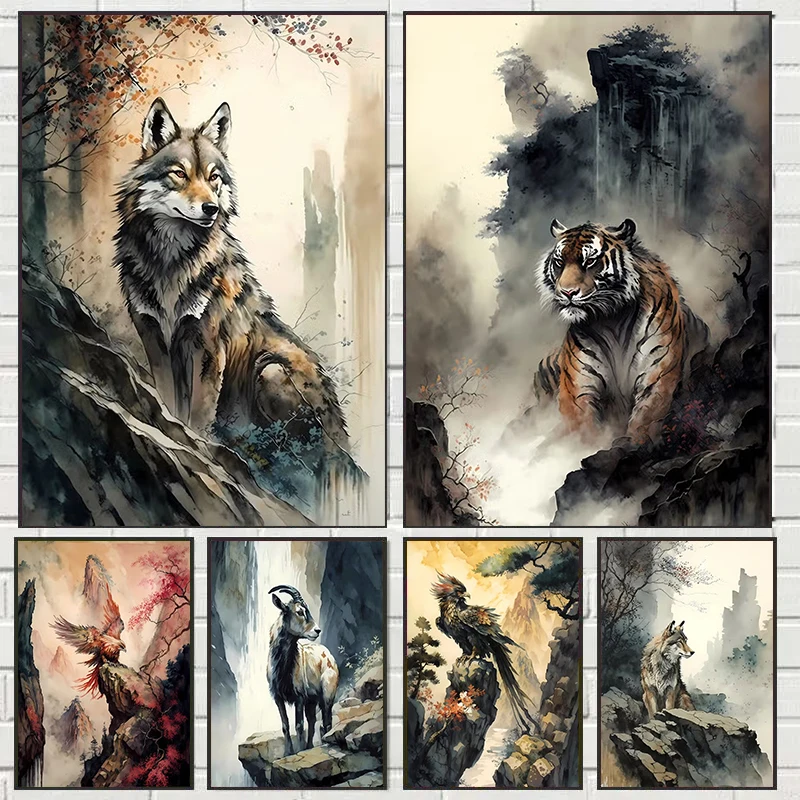 Chinese-Ink-Landscape-Animals-Painting-Print-on-Canvas-Art-Posters-and ...