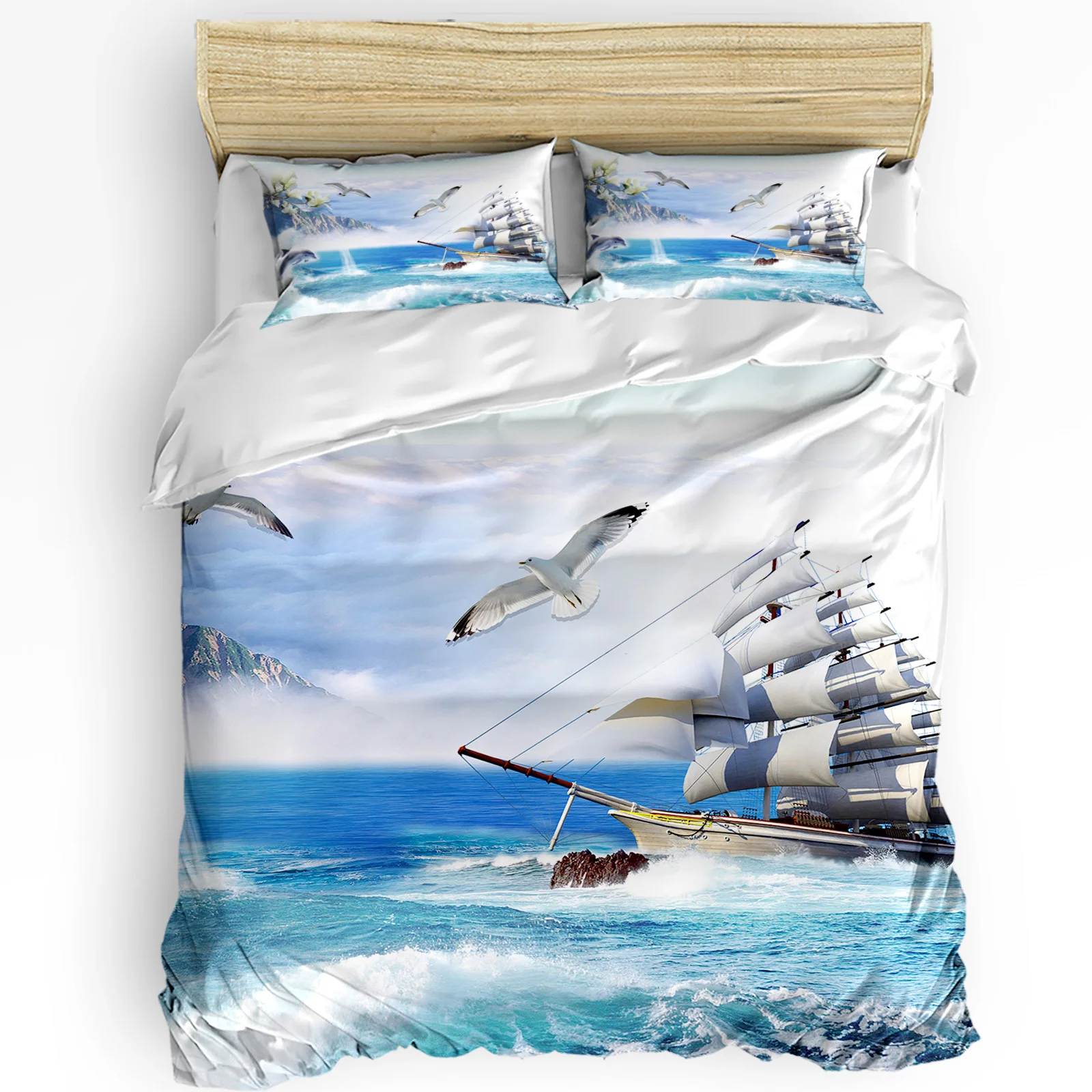 Pirate Ship Seagull Black Duvet Cover Bed Bedding Set Double Home ...