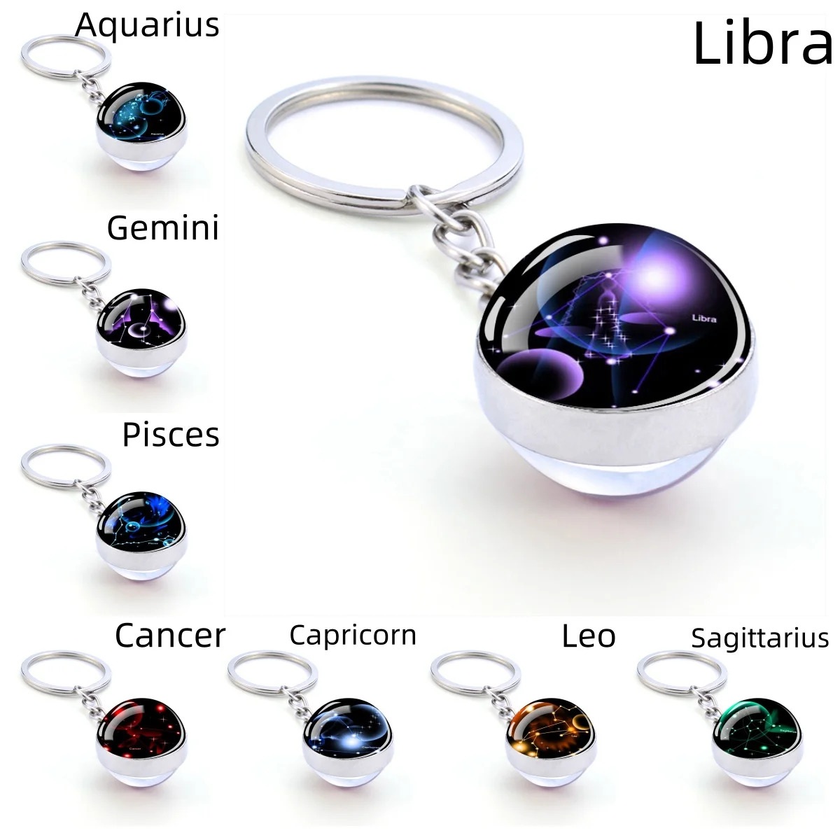 12-Constellations-Double-Sided-Glass-Keychain-Zodiac-Sign-Symbol ...