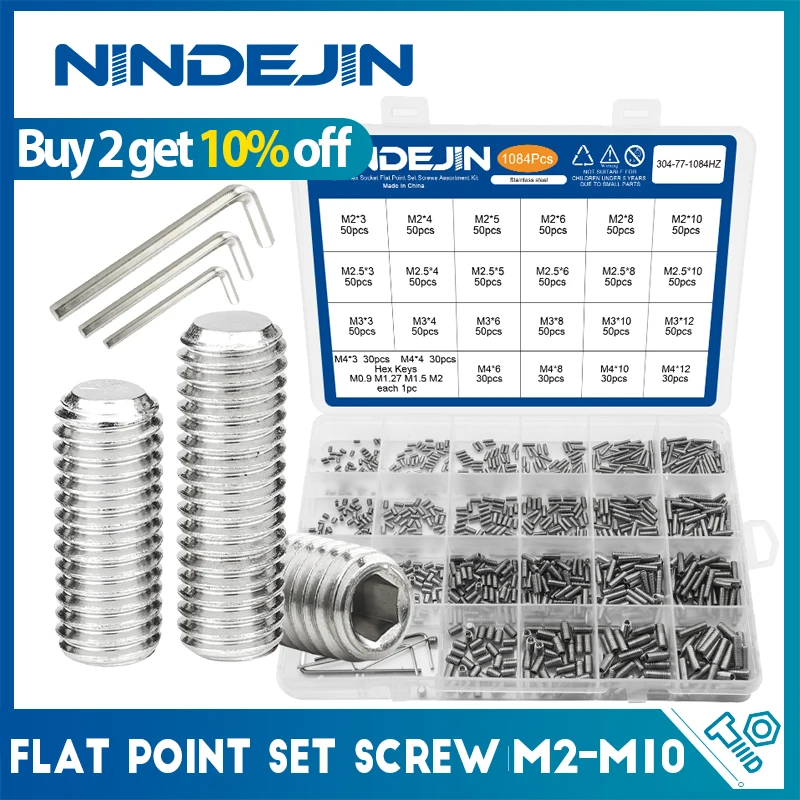 NINDEJIN-Flat-Point-Set-Screw-Assorment-Kit-Stainless-Steel-M2-M10 ...