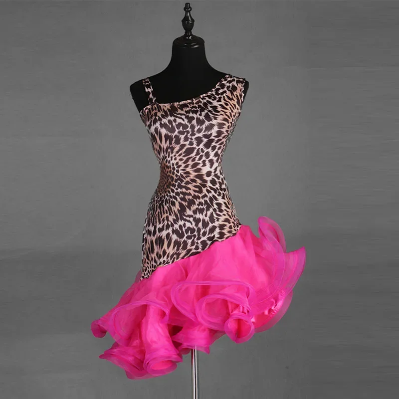 Women Latin Dance Dress Leopard Patchwork Red Rose Sleeveless Dancing ...