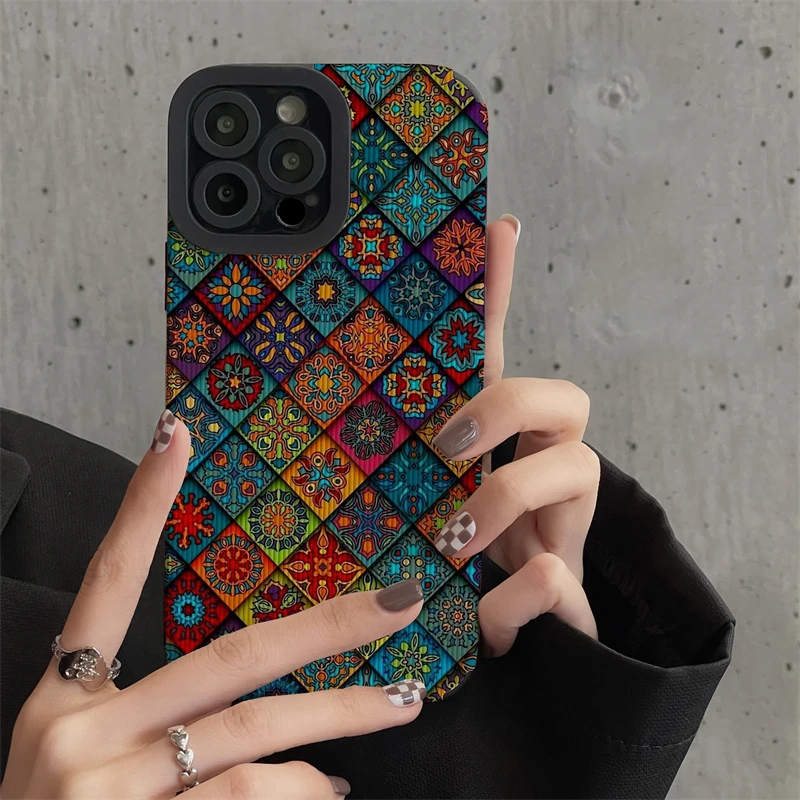 Retro-Color-Diamond-Lattice-Totem-Phone-Case-For-iPhone-15-11-12-13-14 ...