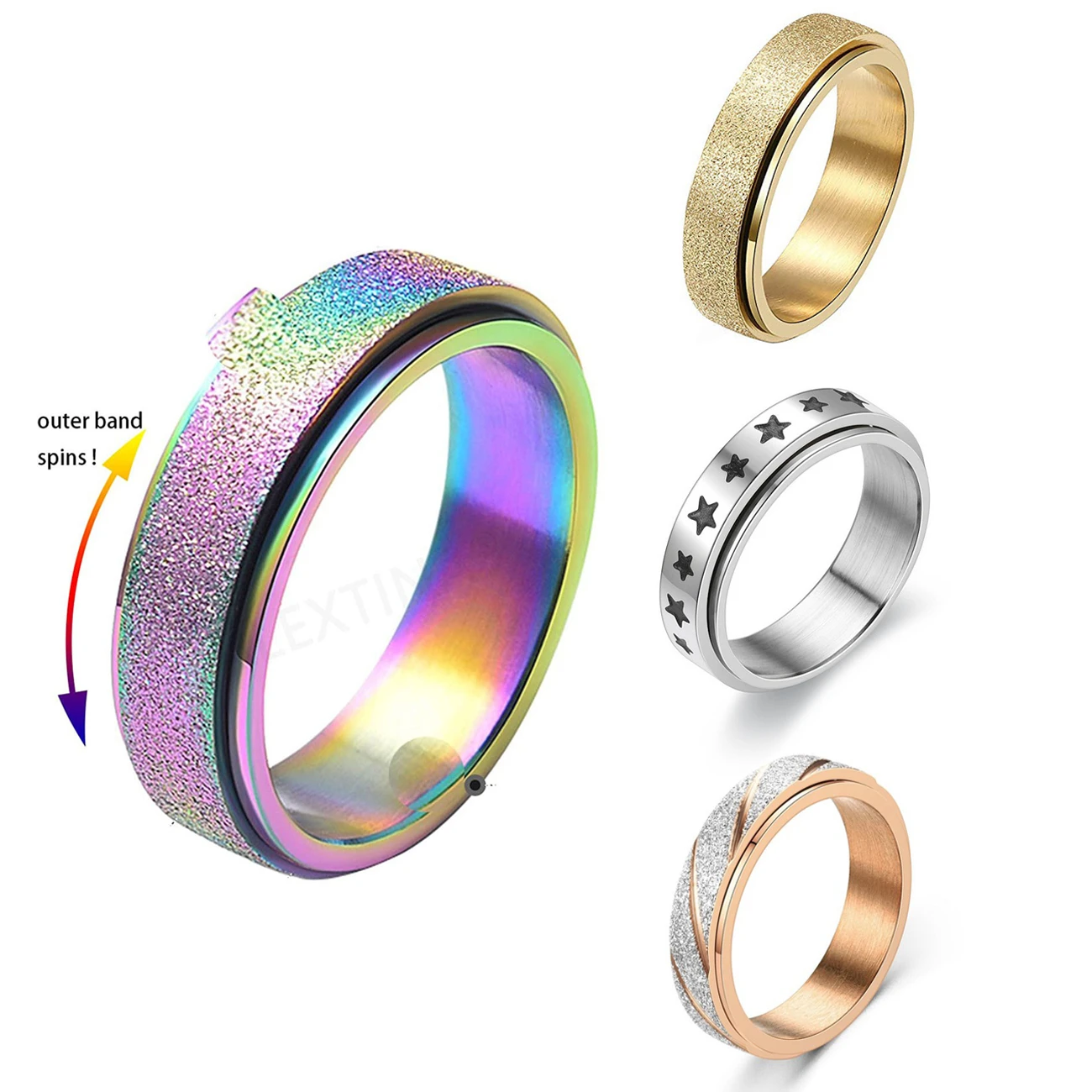 Rotating Anxiety Fidget y2k Rings Pentagram Stainless Steel Mood ...