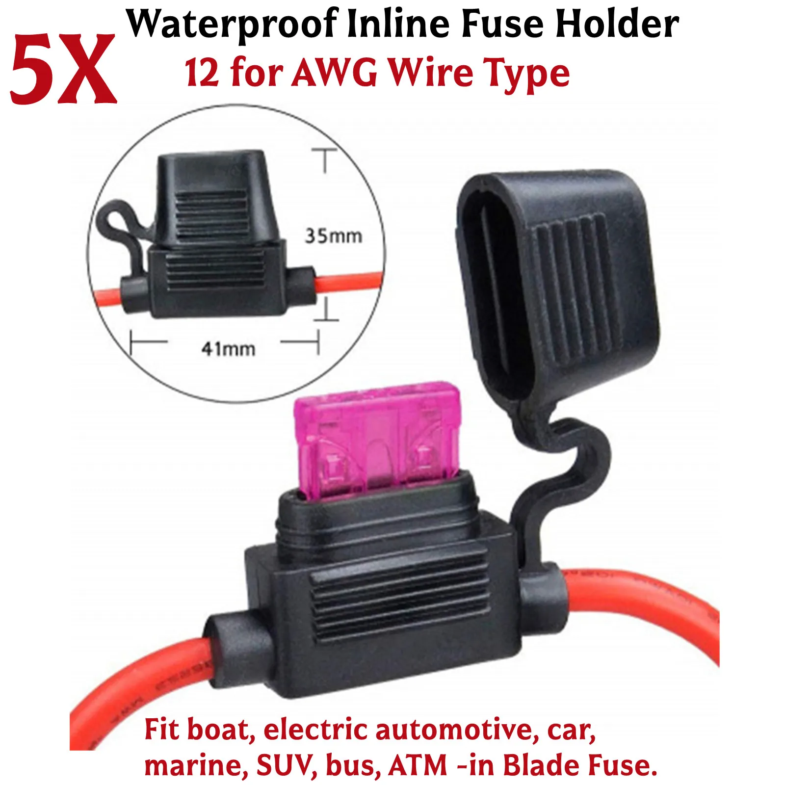 5 Pack Waterproof Inline Fuse Holder 12 Gauge Wire Cut Off Switch 12V ...