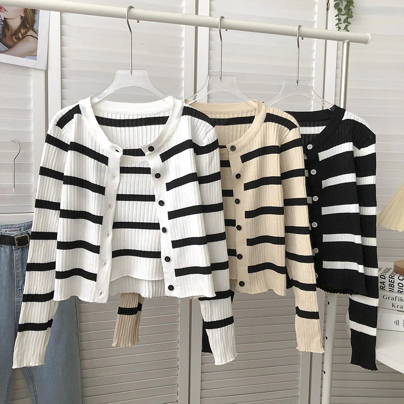 Women's Striped Knitting Cardigan Single Breasted Long Sleeved Sweater ...