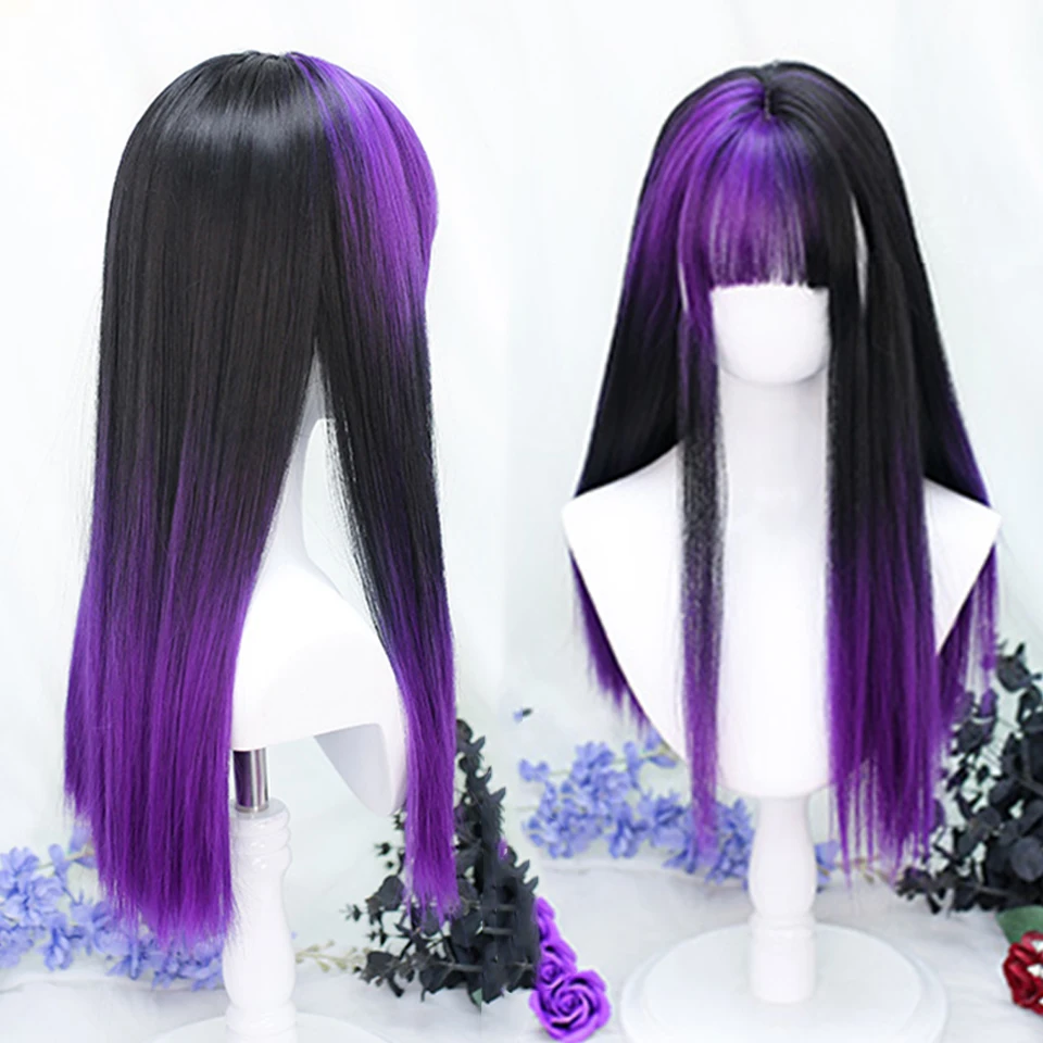 Purple Wig Cosplay Women Dark Purple Cosplay Anime Straight Bob Bangs ...