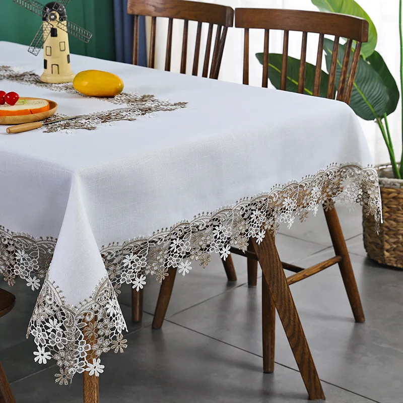 Luxury Lace Embroidery Table Cloth Decorative White Linen Tablecloth ...