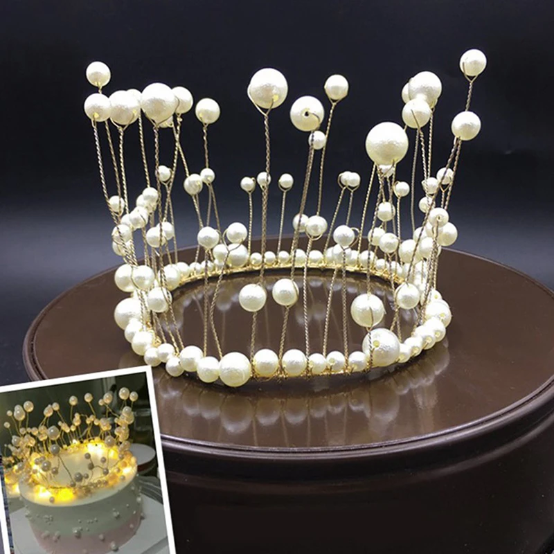 LED Lamp Pearl Crown Cake Topper Decor Princess Party Top Topper Happy ...