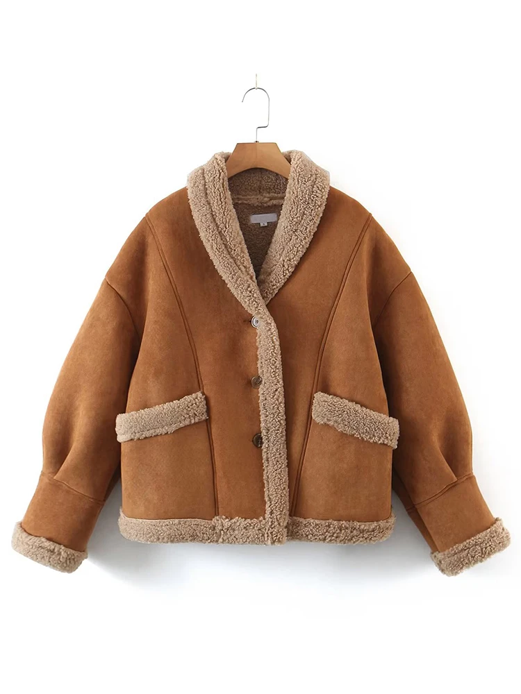 Yenkye Women Vintage Faux Suede Lamb Wool Jacket Coat Long Sleeve ...