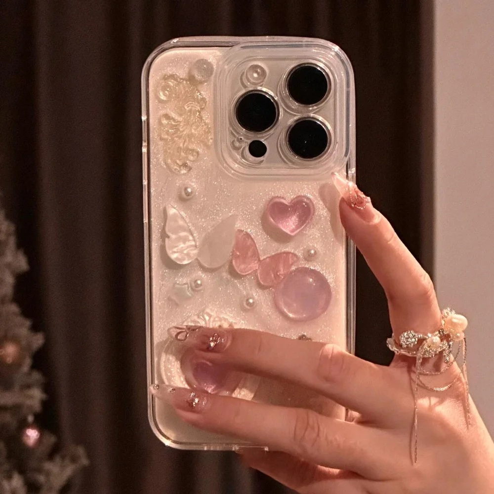 Charming 3D Butterfly Heart Epoxy Phone Case with Luxurious Lens ...